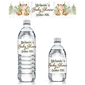 DISTINCTIVS Personalized Woodland Bear Baby Shower Water Bottle Labels - Customizable Waterproof Wrappers - 24 Stickers