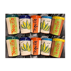 Artist Unknown Made In Mexico Hand Painted Design Pottery Barro Clay Tequila Shots Glasses Set of 10 Assorted - Vaso Tequilero
