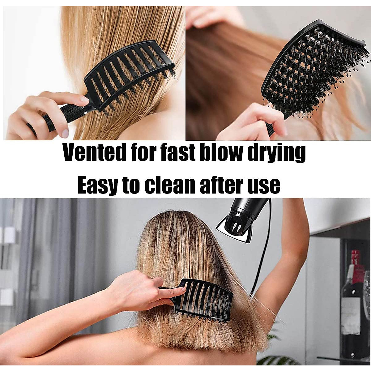 Boar Bristle Detangler Vent Brush Curved Vented Paddle Brush for Blow Drying, Anti-frizz Detangling Brush Styling Hairbrush Comb for Curly Fine Wavy Natural Tangled Hair, Wet or Dry Use