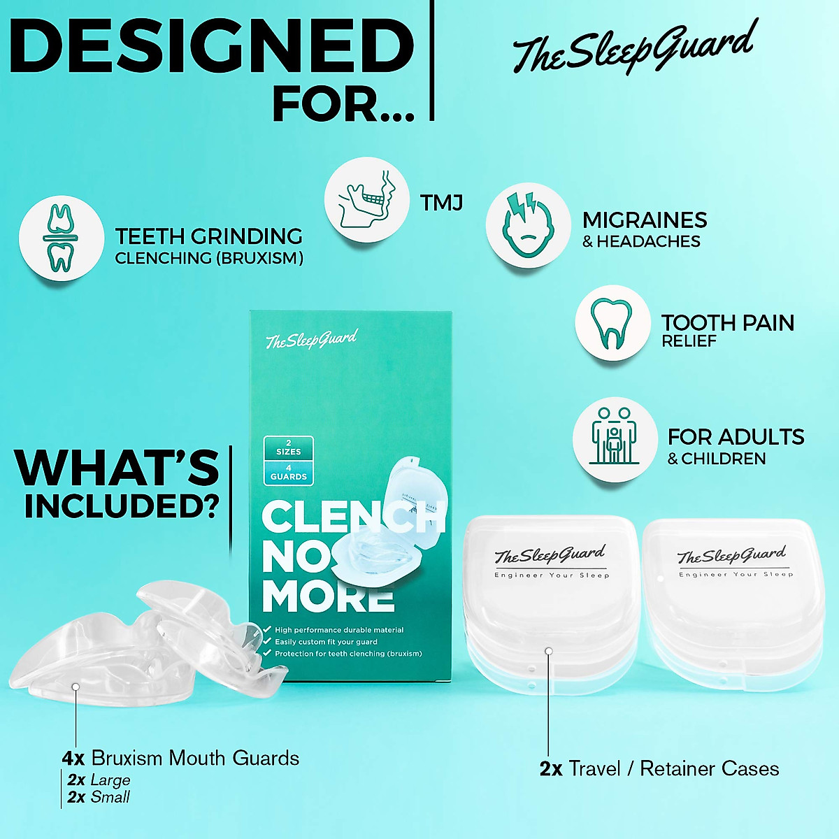 TheSleepGuard Mouth Guard for Clenching Teeth at Night [Pack of 4, Small & Large] – Custom Night Guards for Teeth Grinding, Bruxism, Jaw Pain, TMJ – Nighttime Protection During Sleep for Men and Women