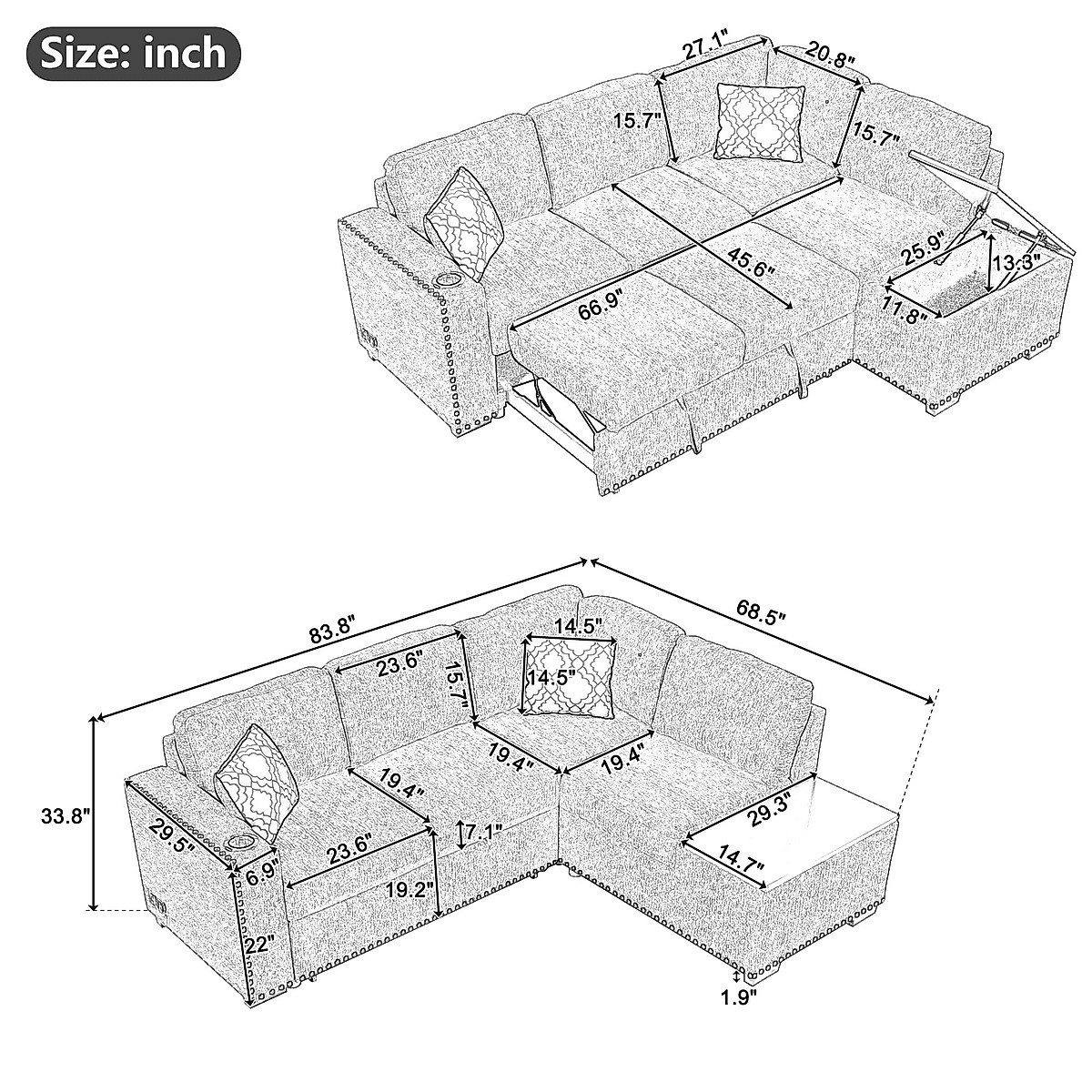 P PURLOVE Sectional Sofa with Pull-Out Sleeper Sofa Bed, Reversible Sectional Sofa with Storage Chaise, L Shaped Couch with Coffee Table for Living Room (Light Gray)