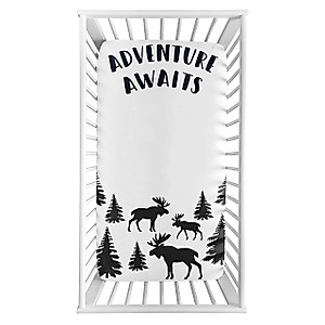 Sweet Jojo Designs Woodland Moose Boy Fitted Crib Sheet Baby or Toddler Bed Nursery Photo Op - Black and White Adventure Awaits Rustic Patch