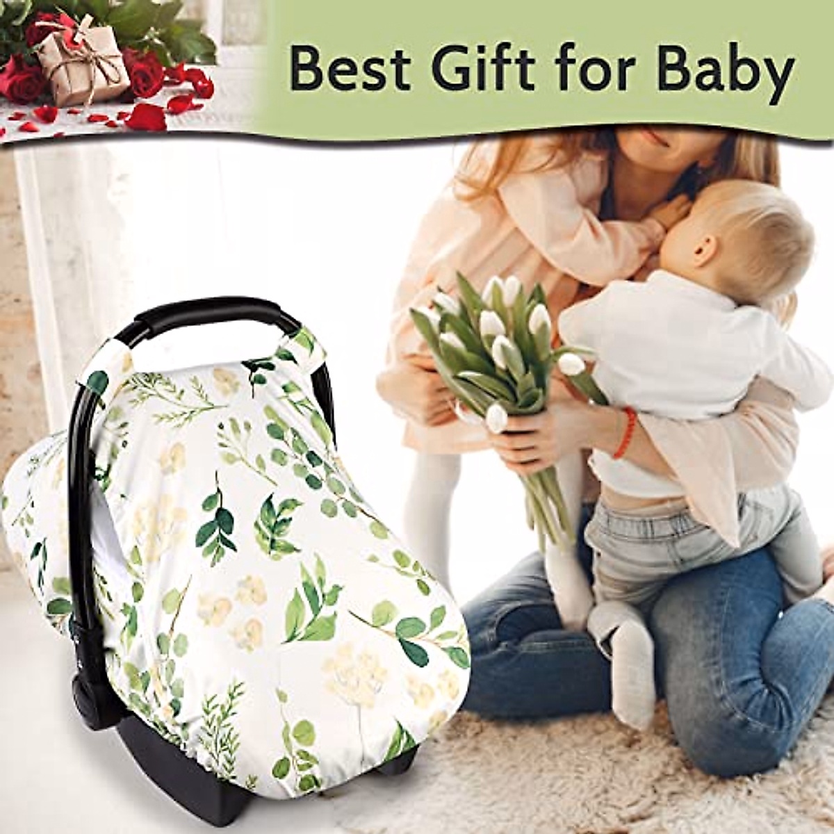 Crib Sheet Jersey Cotton, Fitted Cotton Baby & Toddler Universal Crib Sheets, Summer Car Seat Cover for Babies Girl，Leaf Infant Carseat Canopy Sun Cover