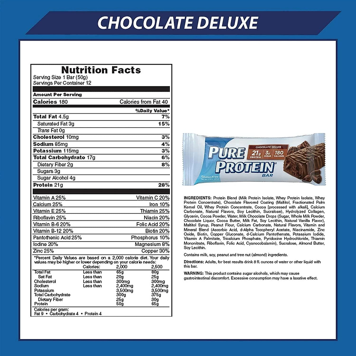Pure Protein Bars, Chewy Chocolate Chip, Chocolate Deluxe, Chocolate Peanut Butter - Box of 6-3 Boxes - 1 Box of each flavor
