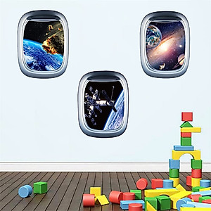 Quanhaigou Galaxy Wall Decals, Set of 3 Space Capsule Planet Fake Window Sticker 3D Outer Space Mural Wall Decal for Bedroom Living Room Kids Room Home Decor