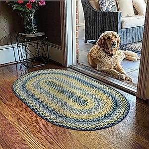 Homespice - Sunflowers Luxury Braided Rug, Perfect as Blue Yellow Bath Rug and Entryway Braided Rugs - Premium Printed Fabric, Soft, Reversible, and Flat - Oval Cotton Braided Rug, 27x45 Inches