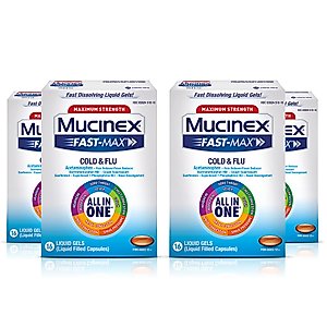 Mucinex Fast-Max Maximum Strength Cold & Flu All in One, Multi-Symptom Relief, Pain Reliever, Fever Reducer, Cough Suppressant, Expectorant, Nasal Decongestant, 16 Liquid Gels (Pack of 4)