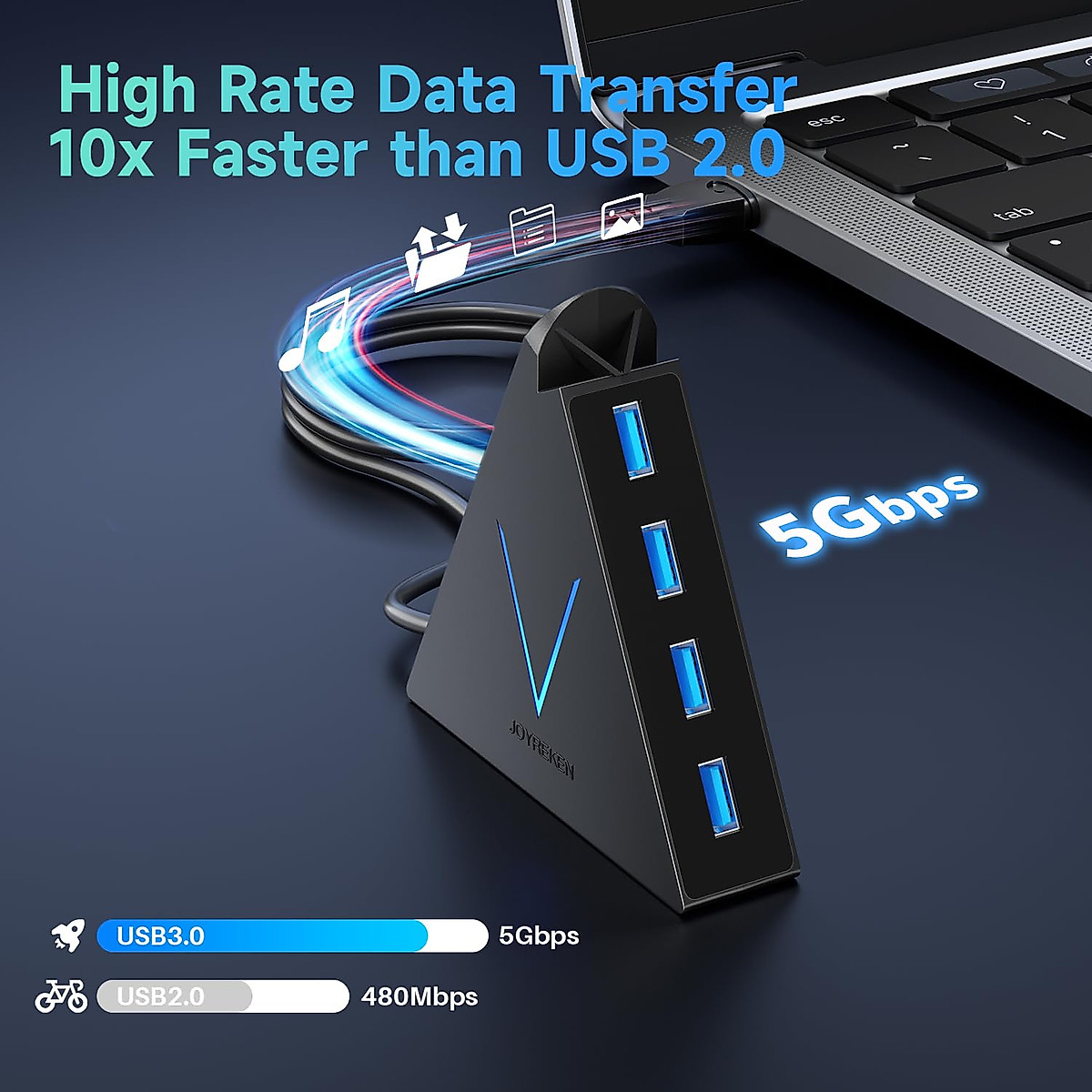 JoyReken 4-Port USB 3.0 Hub, FlyingVHUB USB Hub Tower with 2 ft Extended Cable,USB Splitter for Laptop,PC,PS4,PS5,Xbox,Mouse,Keyboard, Flash Drive, U-Disk (Black)