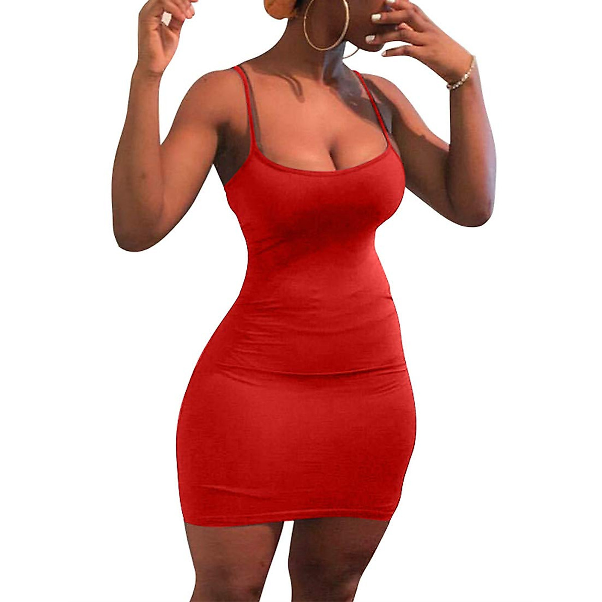 Mizoci Women's Sexy Sleeveless Spaghetti Strap Tank Bodycon Tight Mini Club Party Dress,X-Small,Red