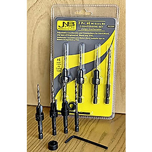 JNB Pro Wood Countersink Drill Bit Set,3 Pc Adjustable Countersink Bit #6(9/64"),All Same Size,1 Extra 9/64" Tapered Drill Bit, 1 Adjust. Collar,1/4" Quick Change Shank,Countersink (#6(9/64))