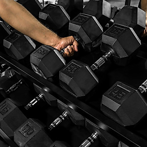 CAP Barbell Rubber Coated Dumbbell Set with Storage Rack (5-70 Lb Set with 3 Tier Stadium Rack, Hex)