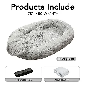 Large Dog Bed 75" L * 50" W * 14" Th Dog Beds for Large Dogs Giant Dog Bed Human Size Dog Bed for People 30D Sponge Bean Bag Bed Detachable Grey