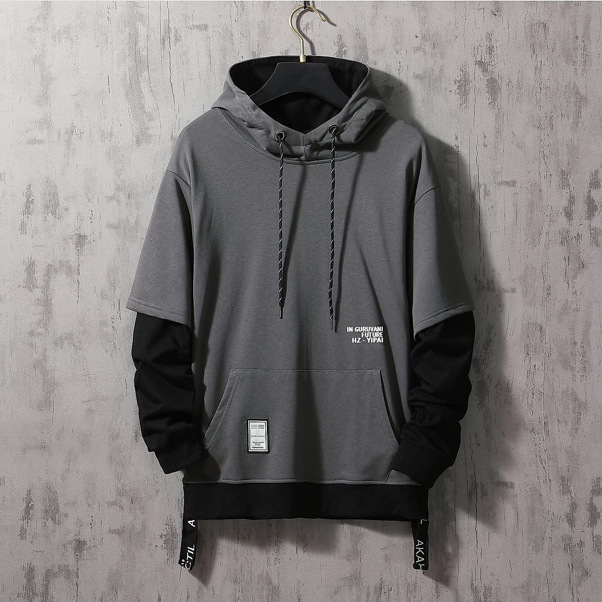 GURUNVANI Contrast Color Pullover Hoodie Mens Patchwork Hoodies Men