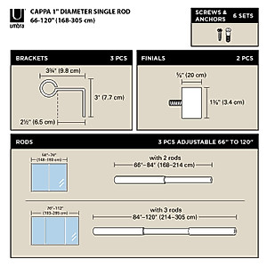 Umbra Cappa Curtain Rod, Includes 2 Matching Finials, Brackets & Hardware, 66 to 120-Inches, Gold