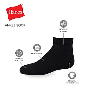 Hanes Boys Socks, Double Tough Cushioned Ankle And No Show, 12-pair Packs Athletic-socks, Ankle - Black - 12 Pack, Large US