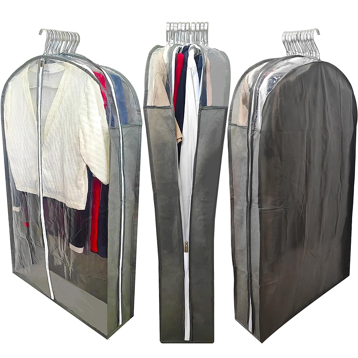 Garment Bags for Hanging Clothes with 6.3" Gusset, 40" Suit Bags for Closet Storage, Clear Moth Proof Suits Covers and Side Zipper Protector for Jacket, Coat, Sweater, Shirts, Clothing, Grey/3 Packs