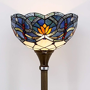 WERFACTORY Tiffany Floor Lamp Blue Lotus Flower Stained Glass Light 12X12X66 Inches Pole Torchiere Standing Corner Torch Uplight Decor Bedroom Living Room Home Office S220 Series