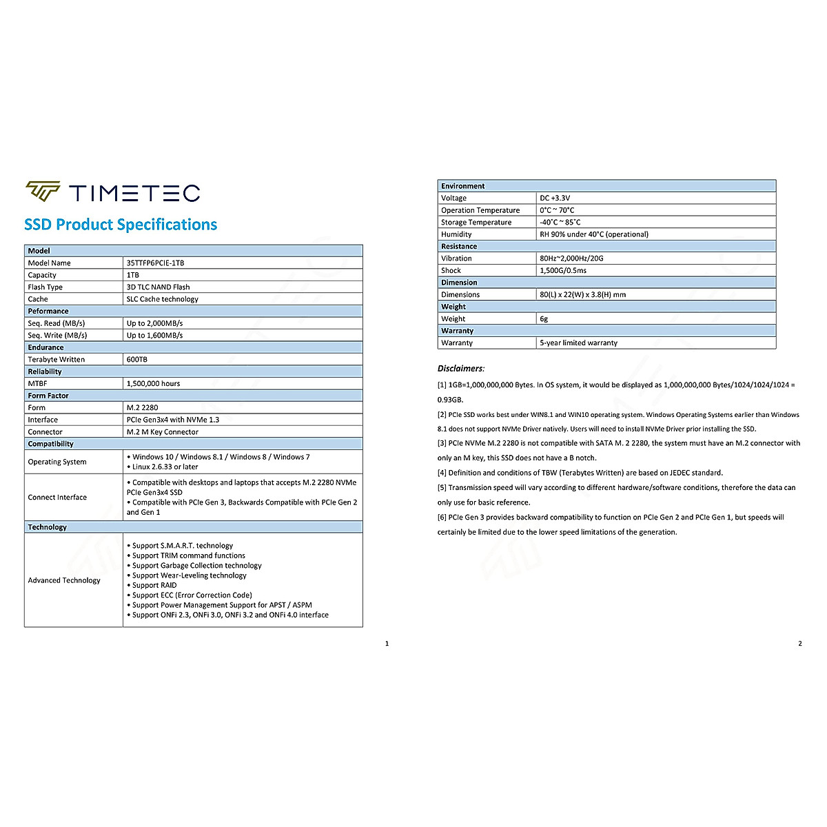 Timetec 1TB SSD NVMe PCIe Gen3x4 8Gb/s M.2 2280 3D NAND High Performance SLC Cache Read/Write Speed Up to 2,000/1,600 MB/s Internal Solid State Drive for PC Laptop and Desktop (1TB)
