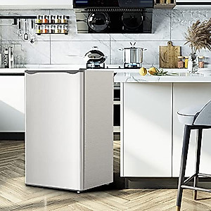 PEIHONGET Mini Fridge with Freezer, 3.2 Cu.ft, 5 Settings Temperature Adjustable, Low Noise, Reversible Single Door, Compact Refrigerator for Bedroom Office and Dorm, Apartment, Kitchen(Silver)