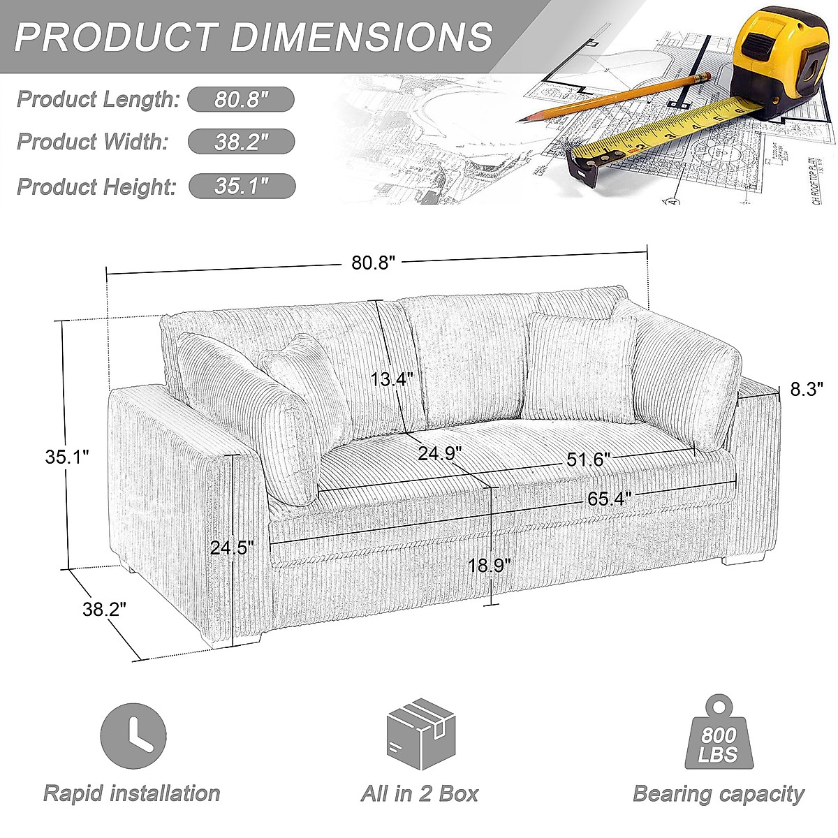 HOLYFIND Modern Corduroy Sofa Couch with Upholstered Deep Seat,3 Seater Sofa with Four Pillows,Oversized Love seat for Living Room, Apartment (Yellow)