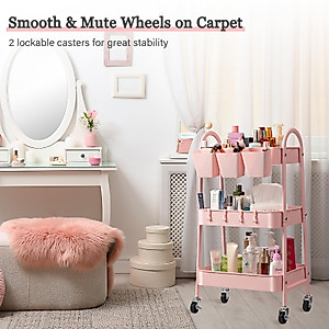 danpinera 3-Tier Rolling Cart, Metal Rolling Storage Cart with Lockable Wheels & Hanging Cups & Hooks, Mobile Trolley Cart for Kitchen, Bathroom, Office, Workshop, Pink