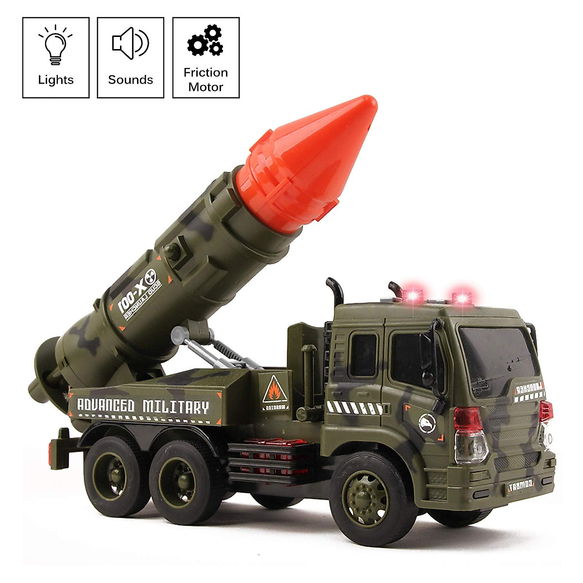 Vokodo Military Launcher Truck Friction Powered Fighter with Lights Sounds and Pull Back Missile Kids Push and Go Army Carrier Vehicle Pretend Play Armored Toy Car Great Gift for Children Boys Girls