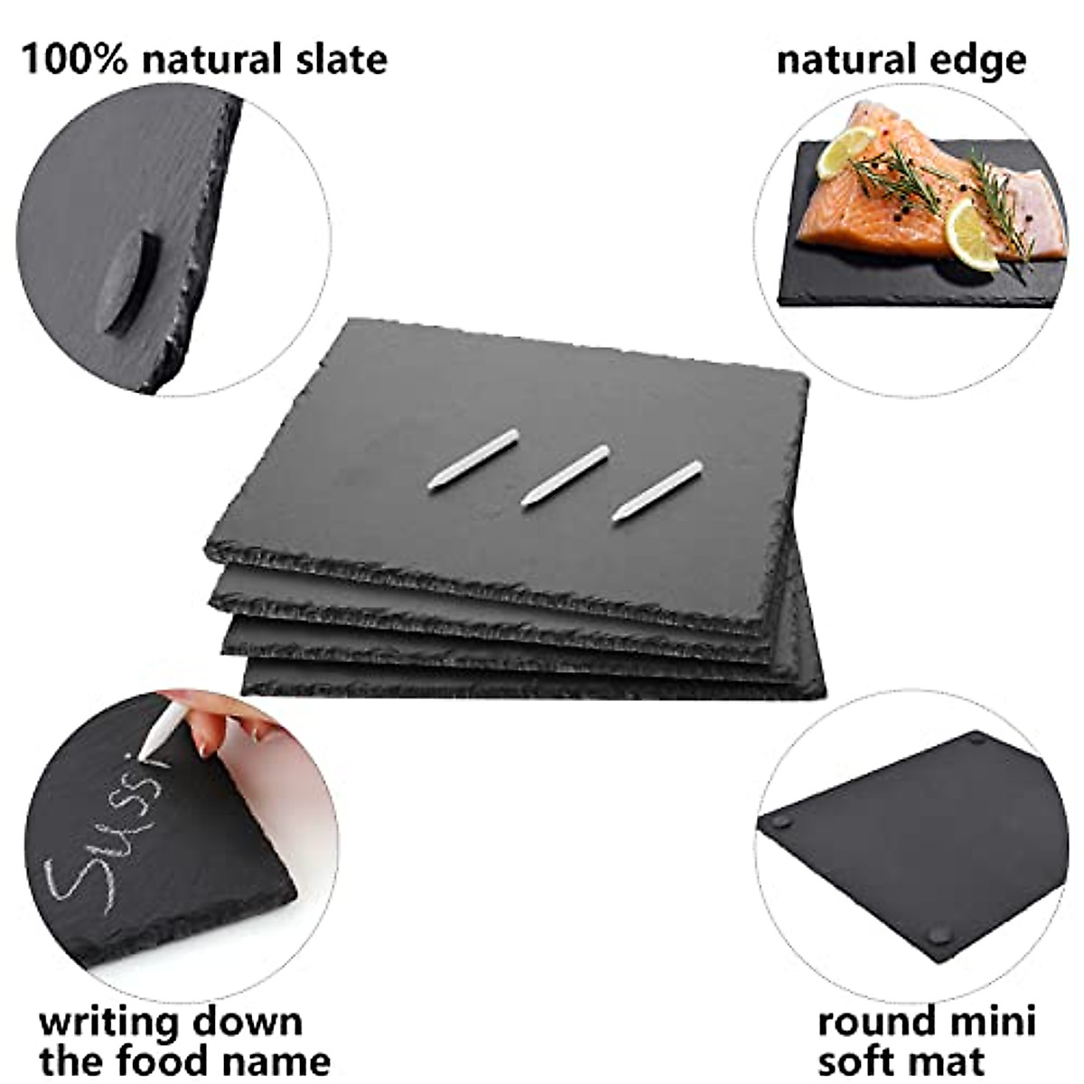 MAPRIAL 12 x 10 In 4 Pack Slate Cheese Boards, Black Stone Plates Charcuterie Boards Gourmet Serving Tray Cheese Platter Display Chalkboard with Soapstone Chalk for Sushi, Party, Gift, Meat, Appetizer