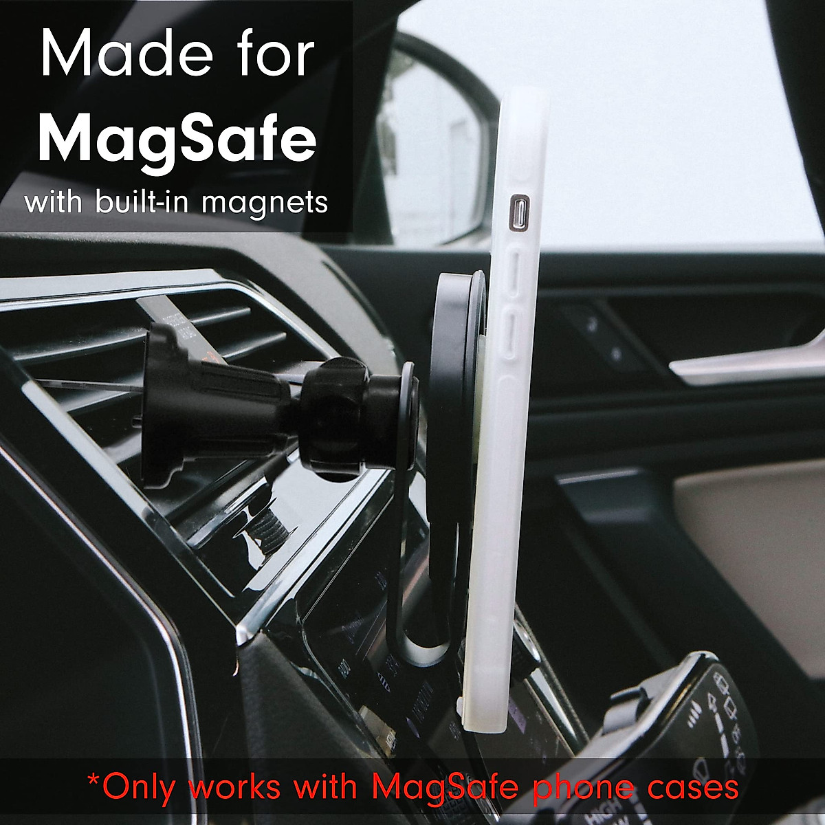 MAGNETIC LINK Car Mount, Compatible with MagSafe Cases and MagSafe Wireless Charger for iPhone 15, 14, 13, 12 series, Hands Free Cell Phone Holder with Secure Vent Clip - Graphite
