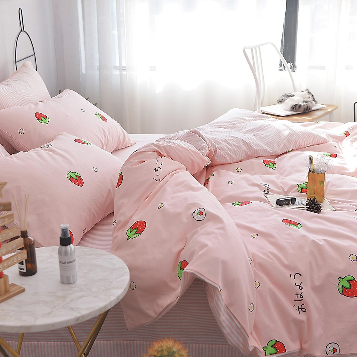 EAVD Kawaii Strawberry Duvet Cover Queen Pink Soft 100% Cotton Cute Strawberry bedding Set for Girls/boys Women Japanese Strawberry Comforter Set Full Aesthetic bedding Set(NO Comforter)