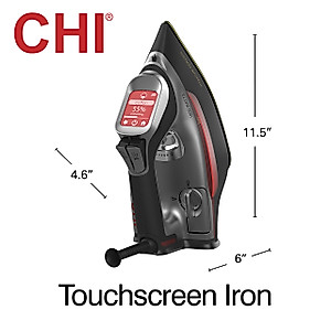 CHI Steam Iron for Clothes with Titanium Infused Ceramic Soleplate, 300+ Holes for Powerful Steaming, XL 10’ Cord, 3-Way Auto Shutoff, 1800 Watts, Advanced Touchscreen, Silver (13103)