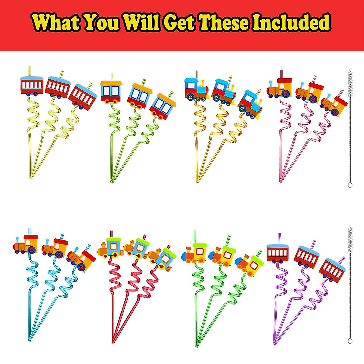 24 Pack Train Theme Shaped Straws Reusable Plastic Straws Drink Cocktail Straws with Cartoon Decoration Kids Train Party Supplies Birthday Party Favors with 2 Cleaning Brushes
