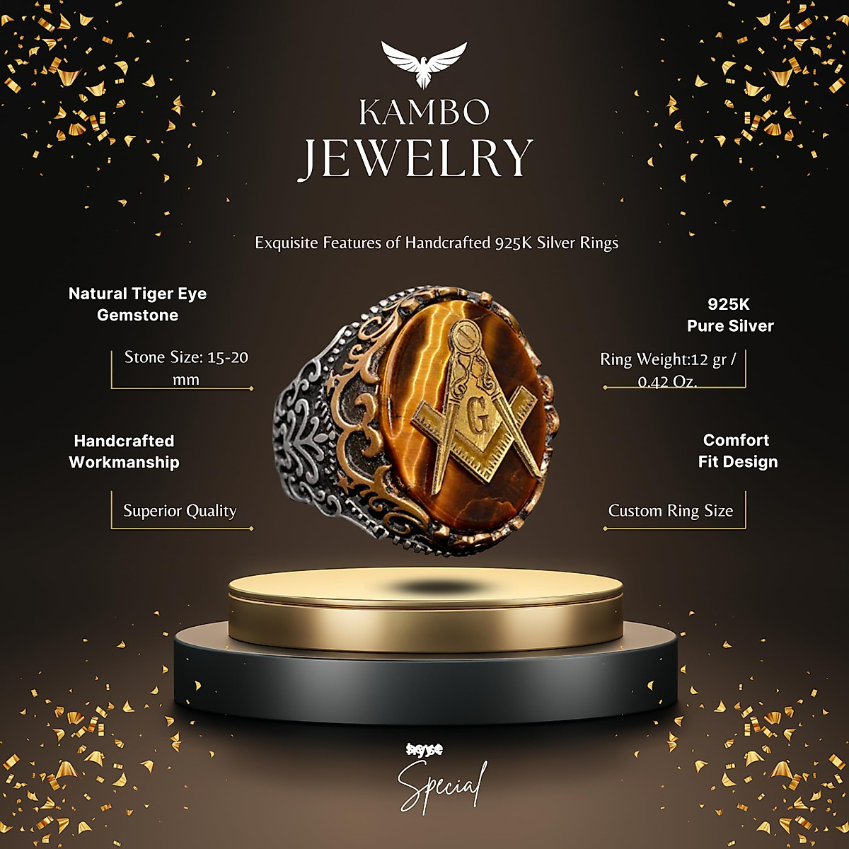 Men's Natural Tiger Eye Masonic Ring, 925 Sterling Silver, Handcrafted with Ornate Design