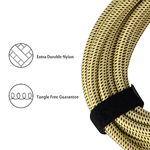 EASTROCK 1/4 inch Guitar Instrument Cable 10/20 Foot Right Angle to Straight Tweed Cloth Jacket Guitar Cable Input for Electric Guitar, Bass, Amp, Keyboard, Mandolin, Mixing Desks (10 Foot Yellow)