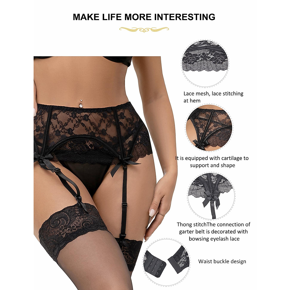 ohyeah Black Floral Lace Garter Belt for Thigh Highs Stocking 4-Strap Metal Clip Sexy Mesh Suspender M-L (Only Garter Belts)