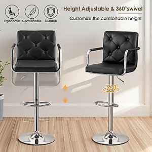 VECELO Bar Stools, Adjustable Bar Stools Set of 2, Counter Height Barstool with Back and Arms, Swivel PU Leather Bar Chairs for Kitchen/Island, Black