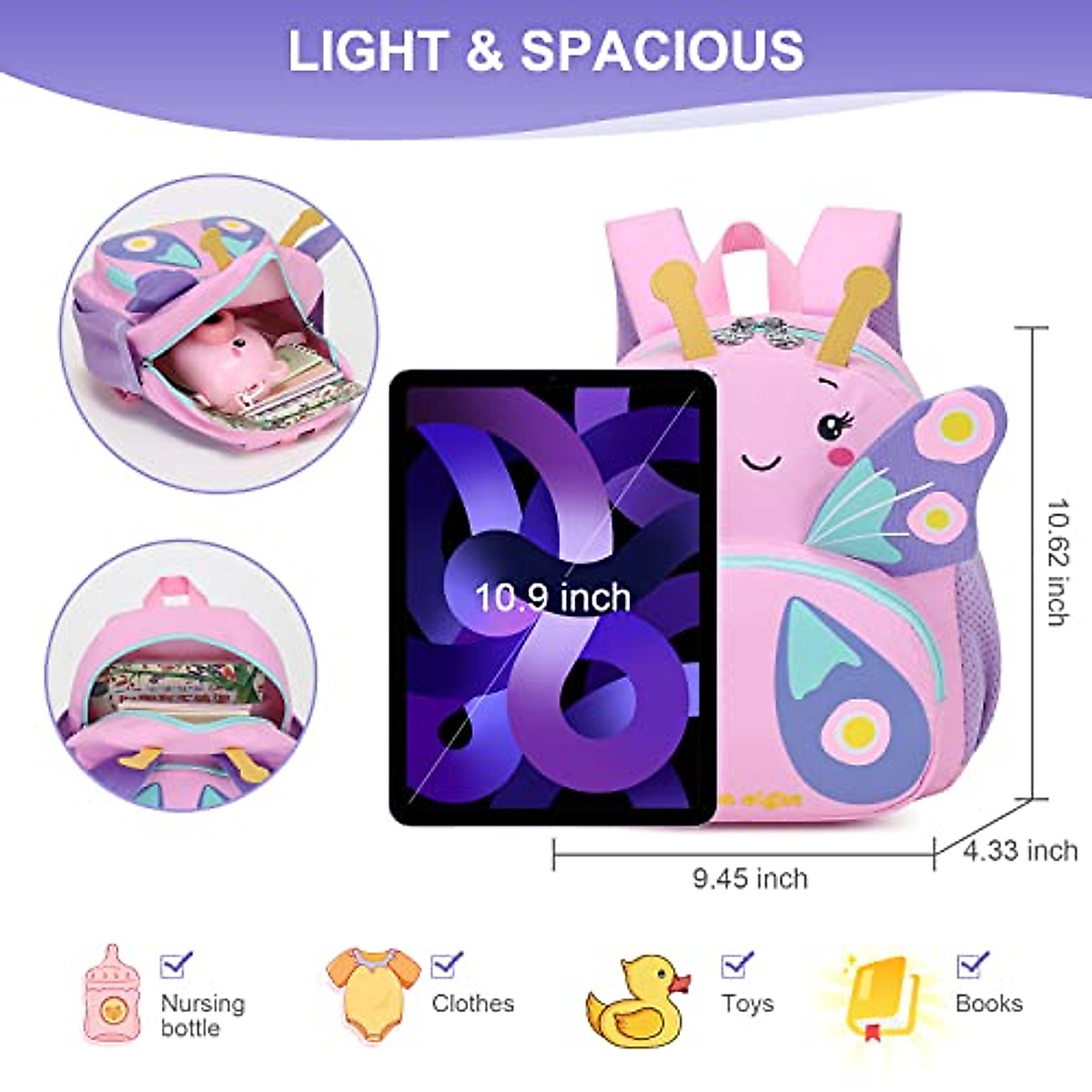 Mini Toddler Backpack for Girls Kids Backpack for Perschool with Chest Strap 3D Cartoon Butterfly Kindergarten Schoolbag for Little Girl Boy Ages(2-5)…