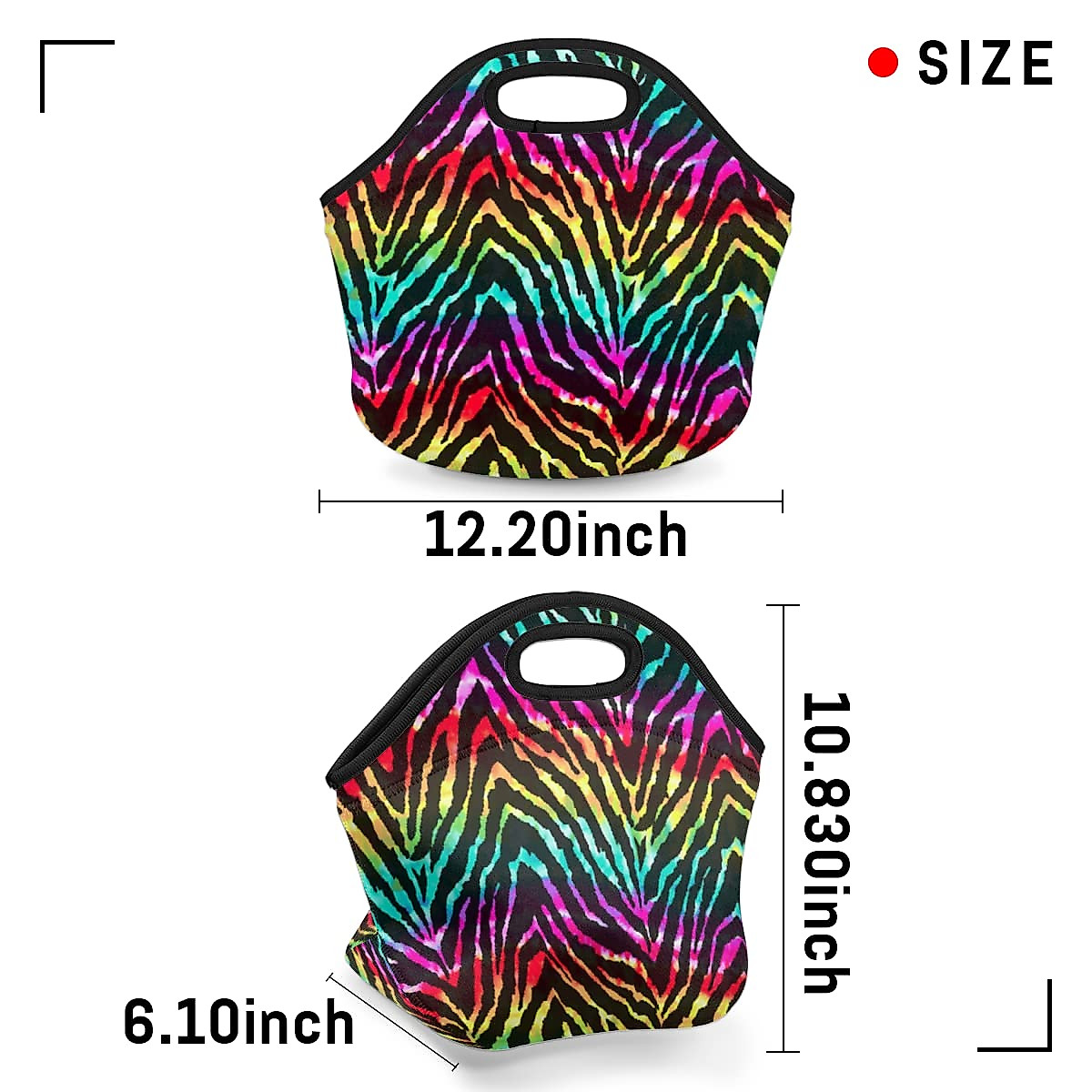 Insulated Neoprene Lunch Bag for Women Men Kids Rainbow Zebra Print Colorful Lunch Box Reusable Small Lunch Tote Bag Cooler Bag for School Work Picnic