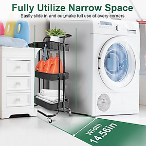 Rolling Metal Cart Kitchen Vegetable Fruits Rack Stand Movable Multi-Purpose Storage Shelf Trolley 3-Tier Utility Cart with Wheels (Black)