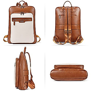 CLUCI Leather Laptop Backpack for Women 15.6 inch Computer Backpack Travel Large Business Work Daypack Off-white with Brown