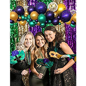 110 Pack Mardi Gras Balloons Party Decorations Purple Green Gold Balloon Garland Arch Kit Fringe Curtains for Mardi Gras Birthday Baby Shower Decorations Supplies