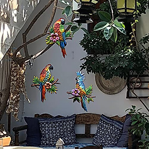 J-Fly Parrot Tropical Wall Art Decor Metal Bird Wall Decor Outdoor Decorations for Patio Wall Fence Garden Home Kitchen Balcony Tropical Bird Macaw Wall Sculpture Hanging for Indoor Outdoor