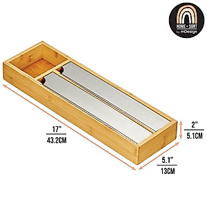 mDesign Bamboo Foil, Parchment Paper and Plastic Cling Film Wrap Organizer and Dispenser/Cutter for Kitchen Drawer - 2 Roll Storage/Cutting Sections - Home Sort Collection - Natural/Silver