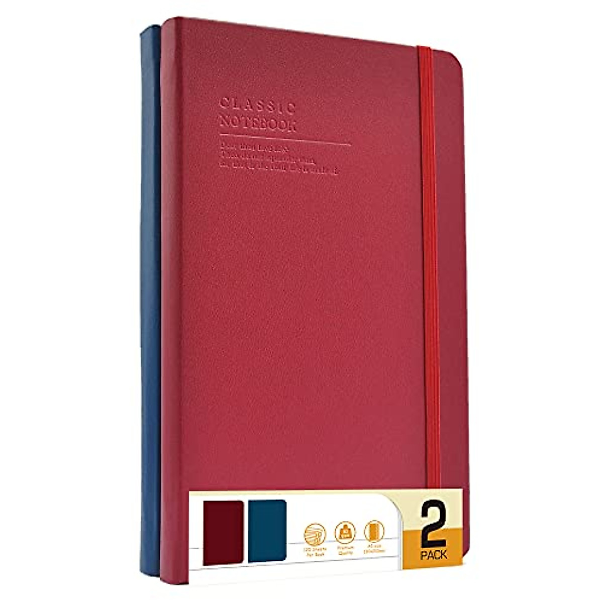 Hardcover Classic Notebook, 2 Pack, Journal, Total 240 Sheets/480 Pages, Perfect Notebooks for Work, Travel, College, Business