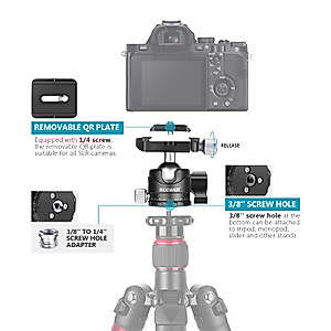 NEEWER Professional 28mm Low Profile Tripod Ball Head with 360° Rotation and 2 Locking Buttons, Arca Type 1/4" QR Plate and Spirit Level for Tripod/Camera, Max Load: 5 kg