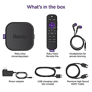 Roku Ultra 2022 4K/HDR/Dolby Vision Streaming Device and Roku Voice Remote Pro with Rechargeable Battery, Hands-Free Voice Controls, Lost Remote Finder, and Private Listening