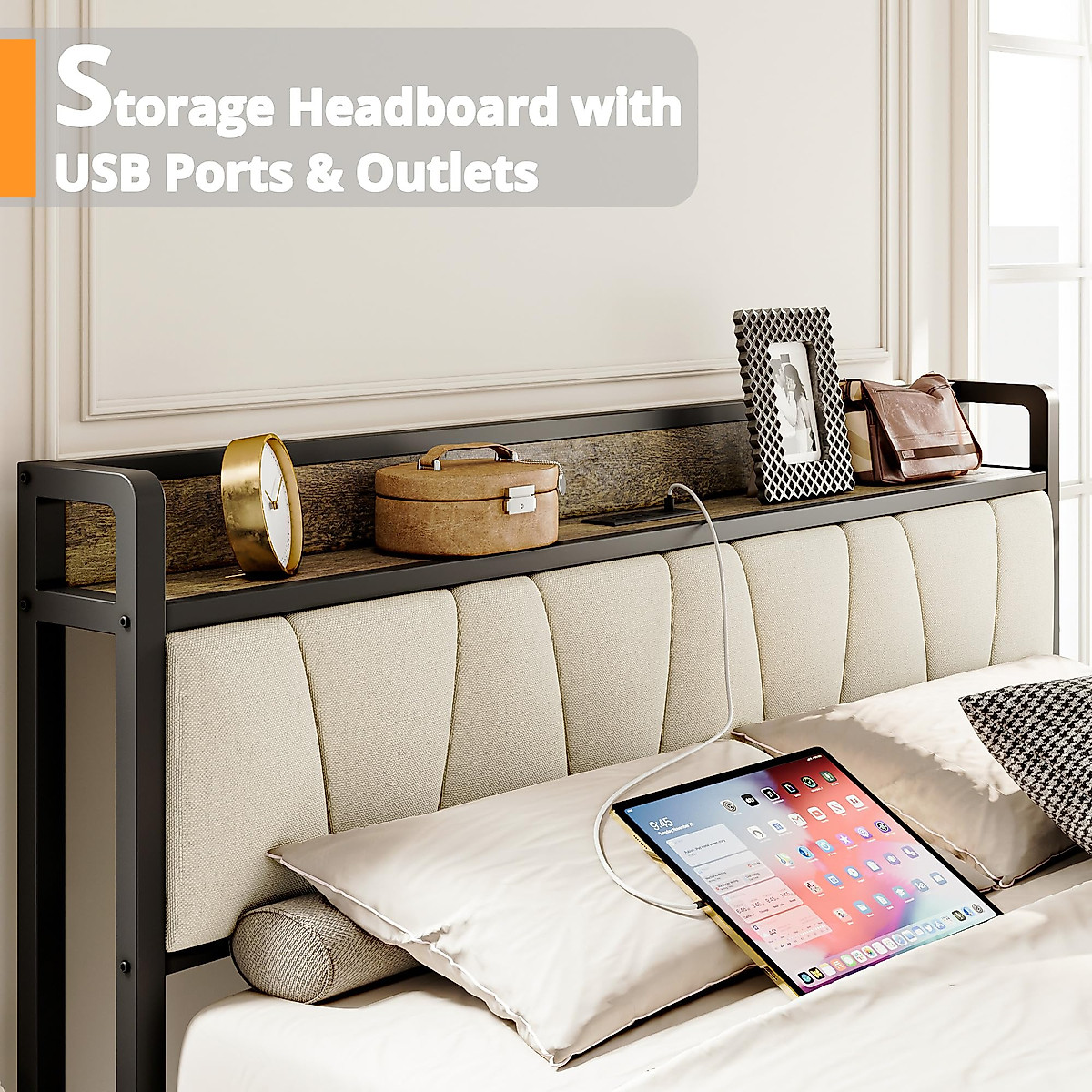 LIKIMIO Queen Bed Frame, Storage Headboard with Charging Station, Solid and Stable, Noise Free, No Box Spring Needed, Easy Assembly (Walnut and Beige)