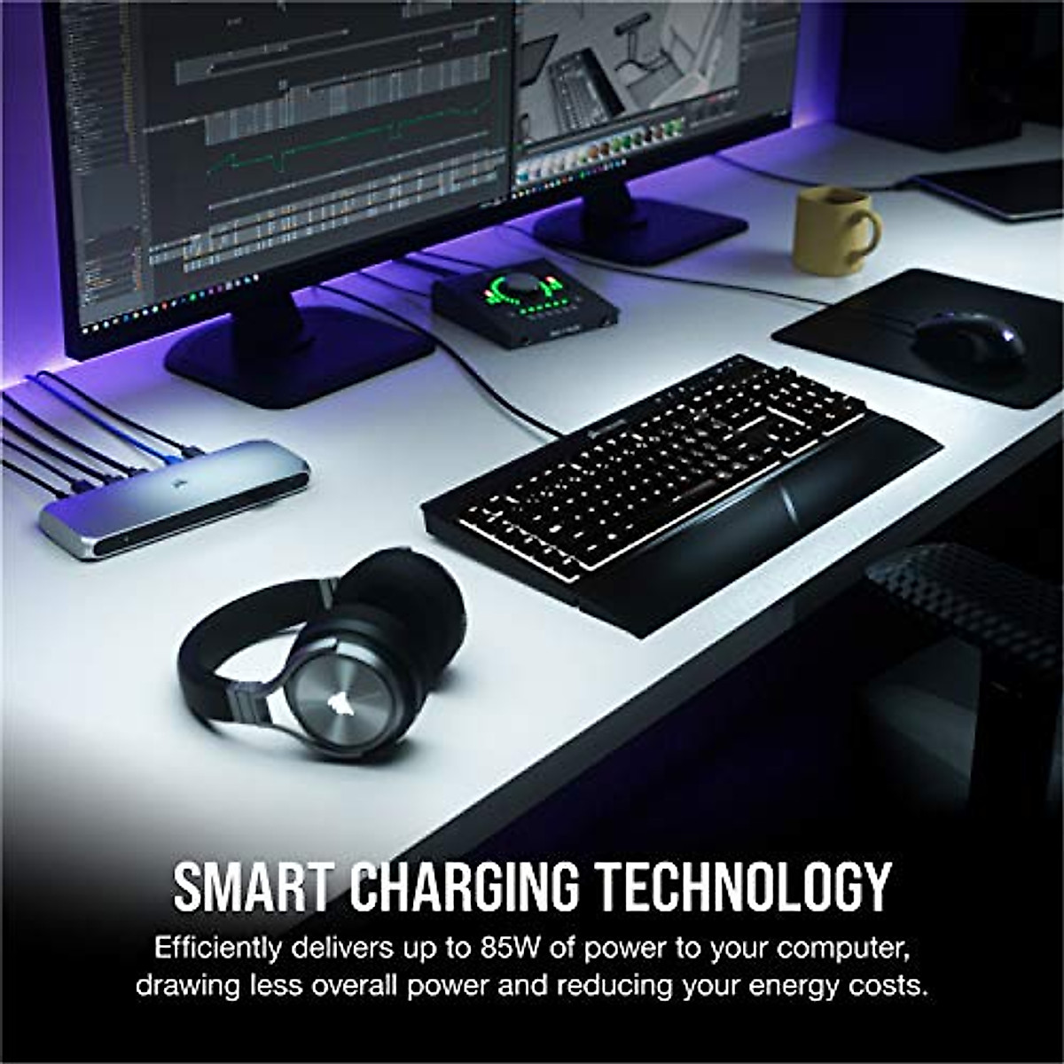 Corsair TBT100 Thunderbolt™ 3 Dock – 85W charging, Dual 4k 60Hz Support, 2x HDMI, 40Gb/s ,USB-C Gen 2 (15W) x2, USB-A 3.1 (7.5W) x2, Gigabit Ethernet – For Mac and PC laptops
