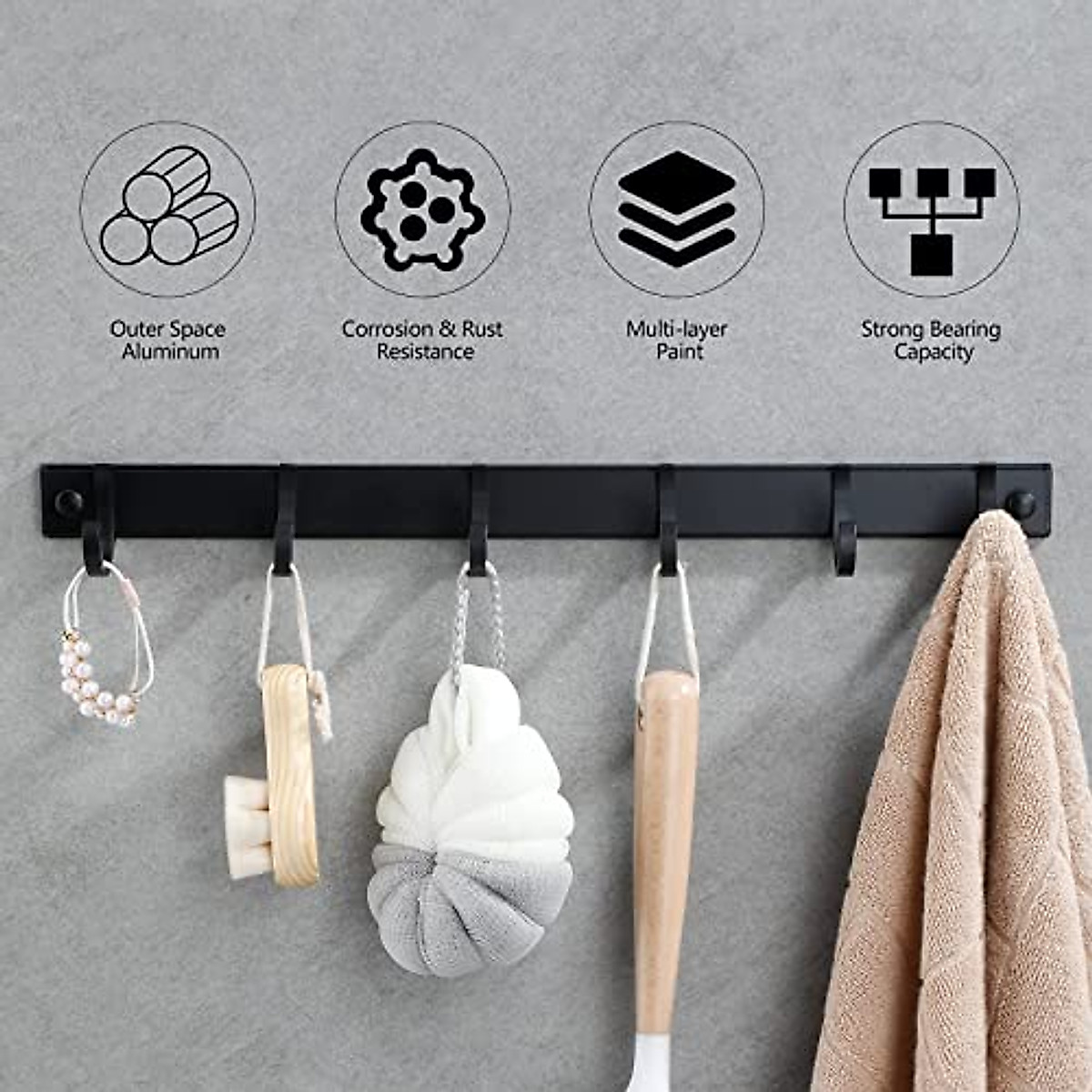 Geobella Coat Hooks Wall Mounted with Rail Silding Hooks for Hanging Coats Purse Clothes Jacket Backpack Entryway,Towel Racks Bathroom Black (3 Hooks, 1 Pack)