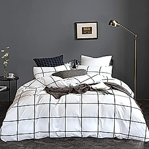 KAREVER White Grid Comforter Set Big Grid Bedding Set Twin Cotton White with Black Plaid Printed Stripes Women Checkered Comforters Bedding Set Girls White Grid Bed Blanket Set White Plaid Comforter