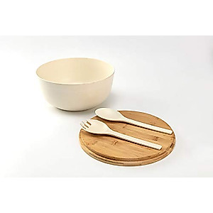 GEHE Bamboo Salad Bowl with Servers Set - Large 9.8 inches mixing bowls Solid Bamboo Salad Wooden Bowl with Bamboo Lid Spoon for Fruits,Salads and Decoration (White, 9.8INCH)